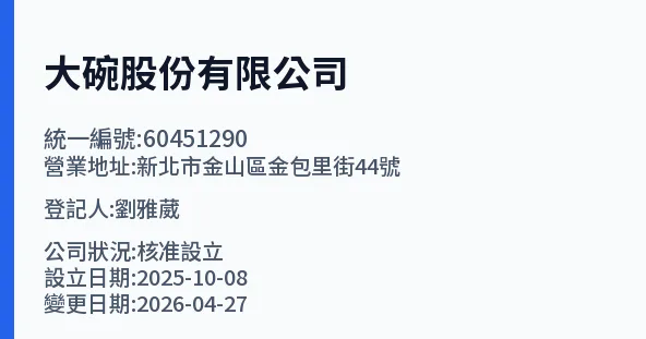 大碗股份有限公司的照片-統編 60451290(新北市) 公司登記資料與營業項目詳細圖表