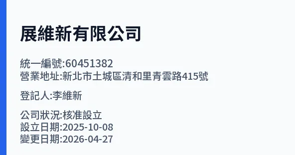 展維新有限公司的照片-統編 60451382(新北市) 公司登記資料與營業項目詳細圖表