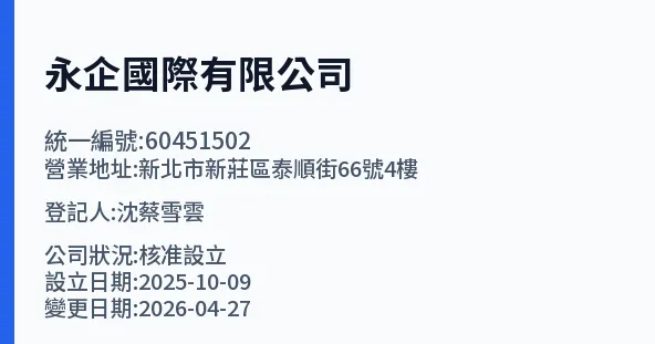 永企國際有限公司的照片-統編 60451502(新北市) 公司登記資料與營業項目詳細圖表