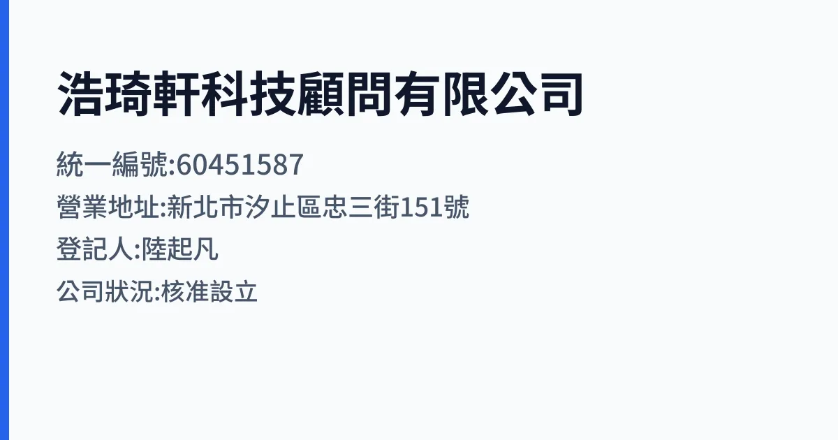 浩琦軒科技顧問有限公司 - 統編 60451587(新北市) 公司登記資料與營業項目詳細圖表