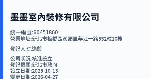 墨墨室內裝修有限公司的照片-統編 60451860(新北市) 公司登記資料與營業項目詳細圖表
