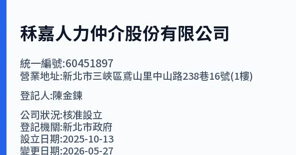 秝嘉人力仲介股份有限公司的照片-統編 60451897(新北市) 公司登記資料與營業項目詳細圖表