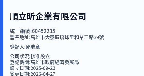 順立昕企業有限公司的照片-統編 60452235(高雄市) 公司登記資料與營業項目詳細圖表