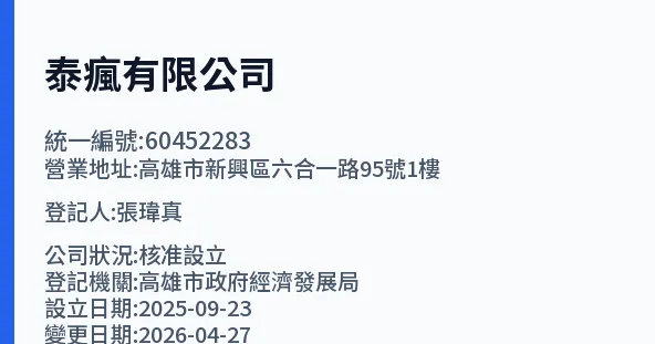 泰瘋有限公司的照片-統編 60452283(高雄市) 公司登記資料與營業項目詳細圖表