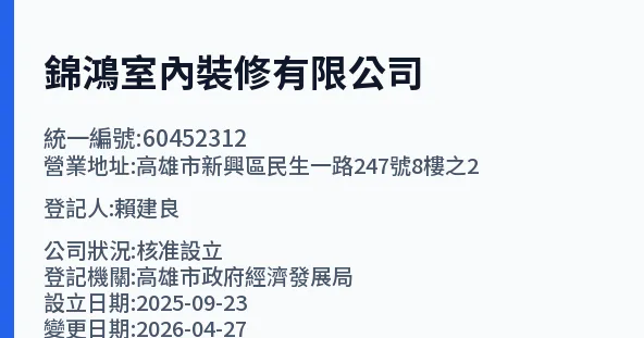 錦鴻室內裝修有限公司的照片-統編 60452312(高雄市) 公司登記資料與營業項目詳細圖表