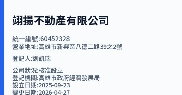 翊揚不動產有限公司的照片-統編 60452328(高雄市) 公司登記資料與營業項目詳細圖表