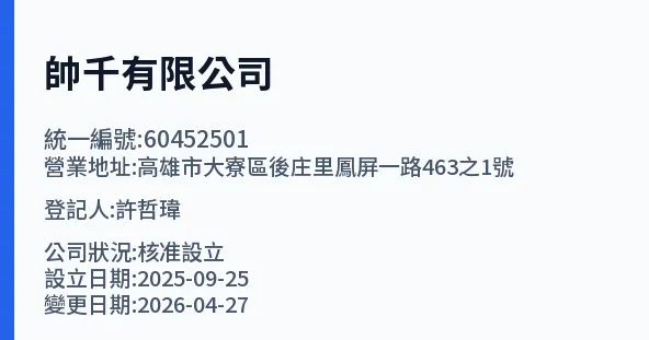 帥千有限公司的照片-統編 60452501(高雄市) 公司登記資料與營業項目詳細圖表