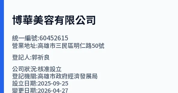 博華美容有限公司的照片-統編 60452615(高雄市) 公司登記資料與營業項目詳細圖表