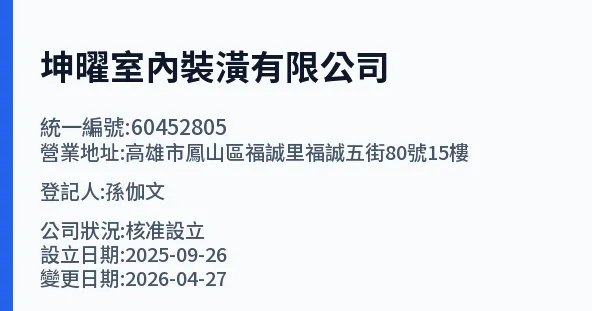 坤曜室內裝潢有限公司的照片-統編 60452805(高雄市) 公司登記資料與營業項目詳細圖表