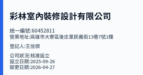 彩林室內裝修設計有限公司的照片-統編 60452811(高雄市) 公司登記資料與營業項目詳細圖表