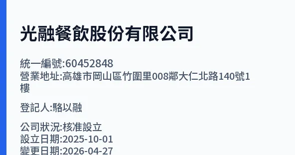 光融餐飲股份有限公司的照片-統編 60452848(高雄市) 公司登記資料與營業項目詳細圖表