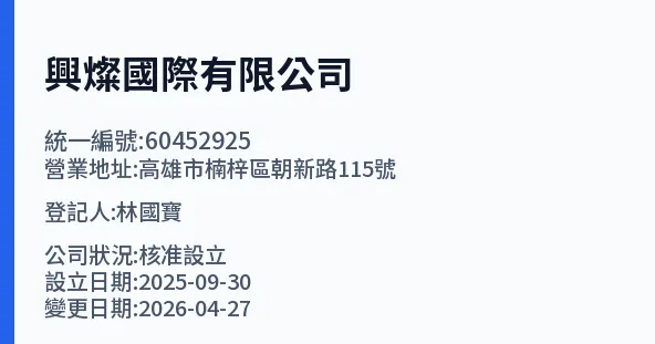 興燦國際有限公司的照片-統編 60452925(高雄市) 公司登記資料與營業項目詳細圖表