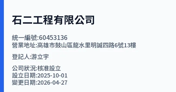 石二工程有限公司的照片-統編 60453136(高雄市) 公司登記資料與營業項目詳細圖表