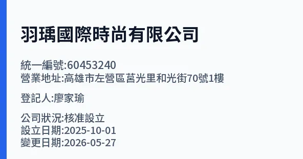 羽瑀國際時尚有限公司的照片-統編 60453240(高雄市) 公司登記資料與營業項目詳細圖表