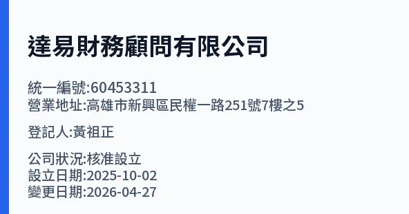 達易財務顧問有限公司的照片-統編 60453311(高雄市) 公司登記資料與營業項目詳細圖表