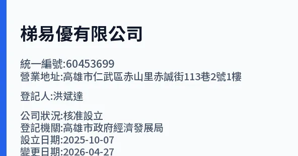 梯易優有限公司的照片-統編 60453699(高雄市) 公司登記資料與營業項目詳細圖表