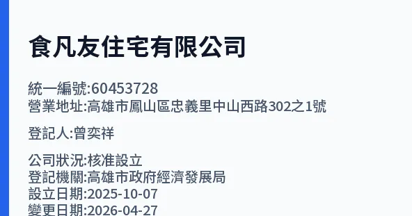 食凡友住宅有限公司的照片-統編 60453728(高雄市) 公司登記資料與營業項目詳細圖表