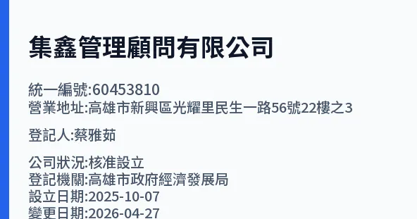 集鑫管理顧問有限公司的照片-統編 60453810(高雄市) 公司登記資料與營業項目詳細圖表