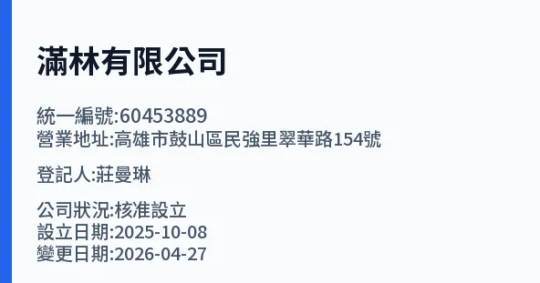 滿林有限公司的照片-統編 60453889(高雄市) 公司登記資料與營業項目詳細圖表