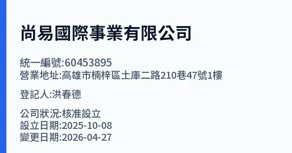 尚易國際事業有限公司的照片-統編 60453895(高雄市) 公司登記資料與營業項目詳細圖表
