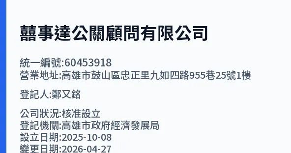 囍事達公關顧問有限公司的照片-統編 60453918(高雄市) 公司登記資料與營業項目詳細圖表