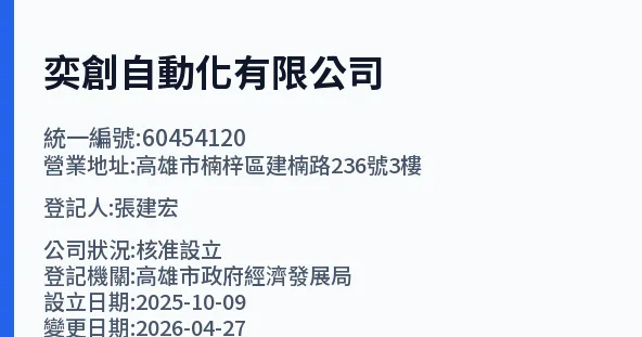 奕創自動化有限公司的照片-統編 60454120(高雄市) 公司登記資料與營業項目詳細圖表