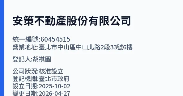 安策不動產股份有限公司的照片-統編 60454515(臺北市) 公司登記資料與營業項目詳細圖表