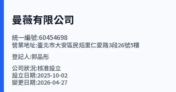 曼薇有限公司的照片-統編 60454698(臺北市) 公司登記資料與營業項目詳細圖表