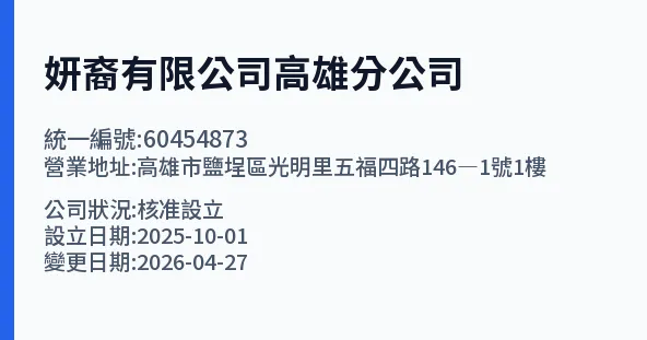 妍裔有限公司高雄分公司的照片-統編 60454873(高雄市) 公司登記資料與營業項目詳細圖表