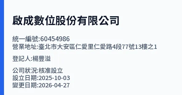 啟成數位股份有限公司的照片-統編 60454986(臺北市) 公司登記資料與營業項目詳細圖表