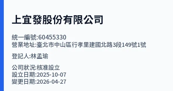 上宜發股份有限公司的照片-統編 60455330(臺北市) 公司登記資料與營業項目詳細圖表