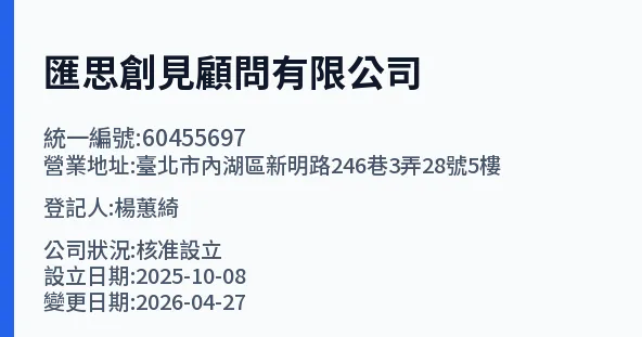 匯思創見顧問有限公司的照片-統編 60455697(臺北市) 公司登記資料與營業項目詳細圖表