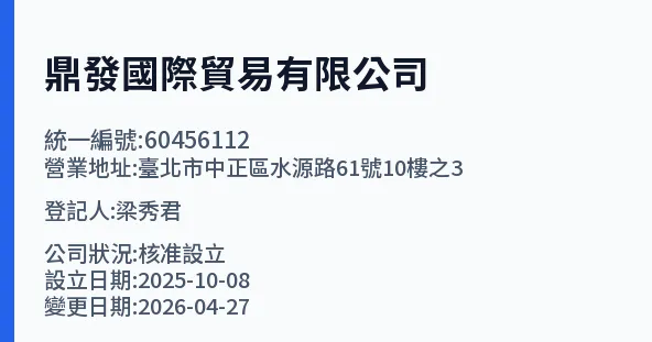 鼎發國際貿易有限公司的照片-統編 60456112(臺北市) 公司登記資料與營業項目詳細圖表