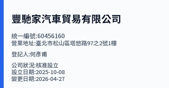 豐馳家汽車貿易有限公司的照片-統編 60456160(臺北市) 公司登記資料與營業項目詳細圖表