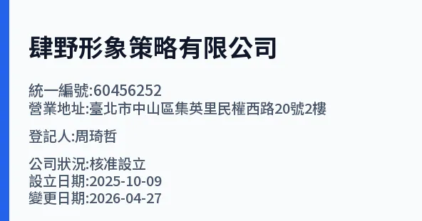 肆野形象策略有限公司的照片-統編 60456252(臺北市) 公司登記資料與營業項目詳細圖表