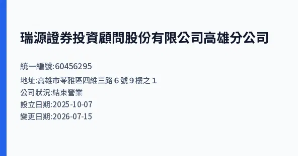 瑞源證券投資顧問股份有限公司高雄分公司的照片-統編 60456295 公司登記資料與營業項目詳細圖表