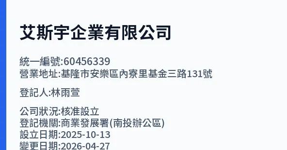 艾斯宇企業有限公司的照片-統編 60456339(基隆市) 公司登記資料與營業項目詳細圖表