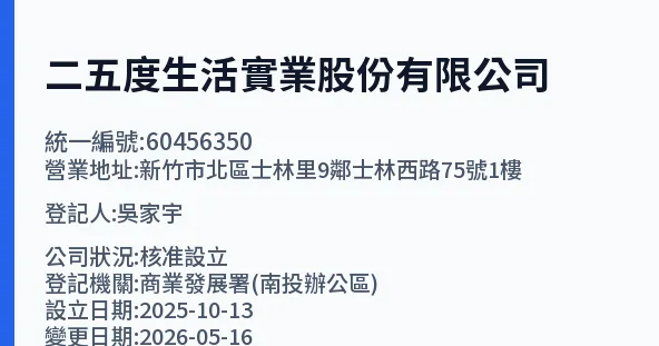 二五度生活實業股份有限公司的照片-統編 60456350(新竹市) 公司登記資料與營業項目詳細圖表