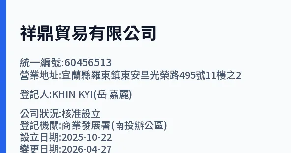祥鼎貿易有限公司的照片-統編 60456513(宜蘭縣) 公司登記資料與營業項目詳細圖表