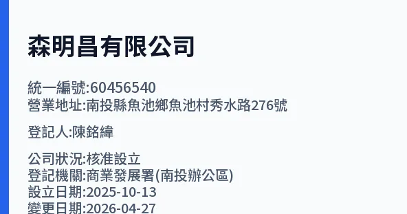 森明昌有限公司的照片-統編 60456540(南投縣) 公司登記資料與營業項目詳細圖表