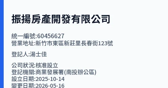 振揚房產開發有限公司的照片-統編 60456627(新竹市) 公司登記資料與營業項目詳細圖表