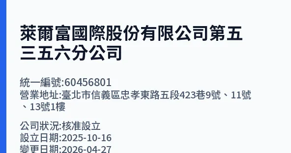 萊爾富國際股份有限公司第五三五六分公司的照片-統編 60456801(臺北市) 公司登記資料與營業項目詳細圖表