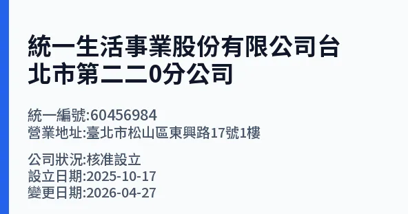 統一生活事業股份有限公司台北市第二二0分公司的照片-統編 60456984(臺北市) 公司登記資料與營業項目詳細圖表