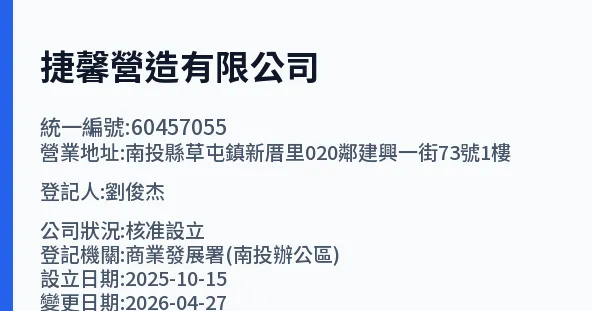 捷馨營造有限公司的照片-統編 60457055(南投縣) 公司登記資料與營業項目詳細圖表