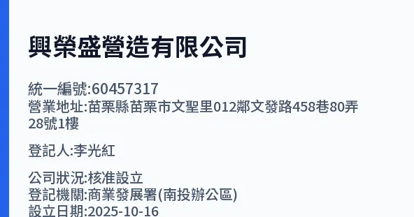 興榮盛營造有限公司的照片-統編 60457317(苗栗縣) 公司登記資料與營業項目詳細圖表