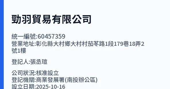 勁羽貿易有限公司的照片-統編 60457359(彰化縣) 公司登記資料與營業項目詳細圖表