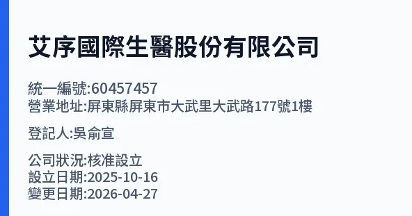 艾序國際生醫股份有限公司的照片-統編 60457457(屏東縣) 公司登記資料與營業項目詳細圖表