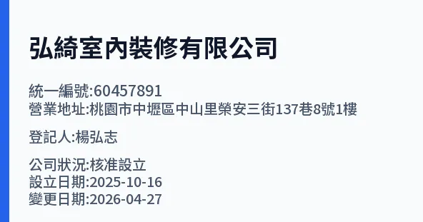 弘綺室內裝修有限公司的照片-統編 60457891(桃園市) 公司登記資料與營業項目詳細圖表