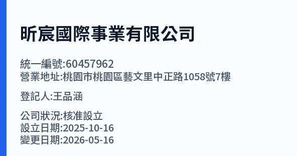 昕宸國際事業有限公司的照片-統編 60457962(桃園市) 公司登記資料與營業項目詳細圖表