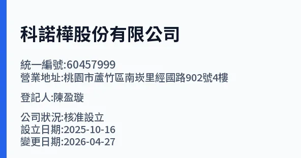 科諾樺股份有限公司的照片-統編 60457999(桃園市) 公司登記資料與營業項目詳細圖表